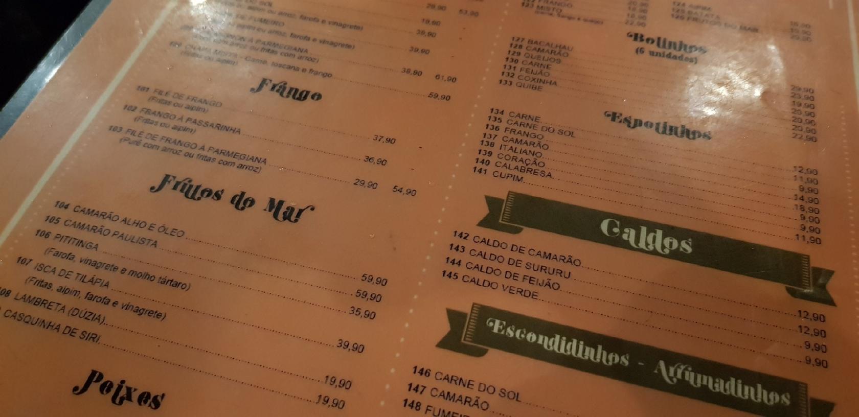 Carta del pub y bar O Mais Amado Boteco, Salvador del Bahia
