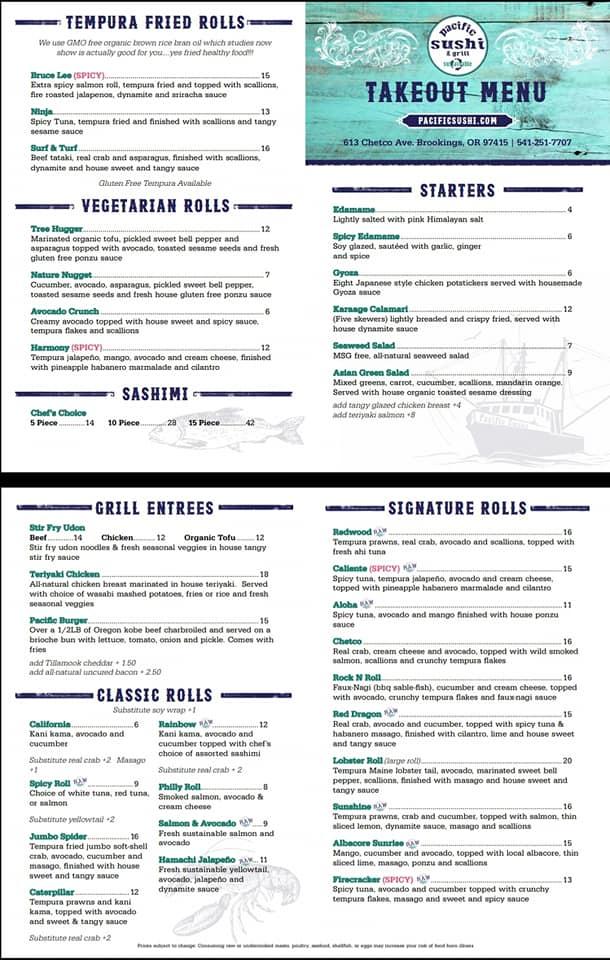 Menu at Pacific Sushi & Grill restaurant, Brookings, 613 Chetco Ave
