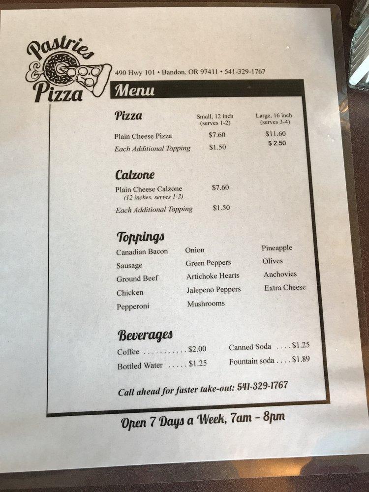 Menu at Pastriespizza pizzeria, Bandon, 490 US-101