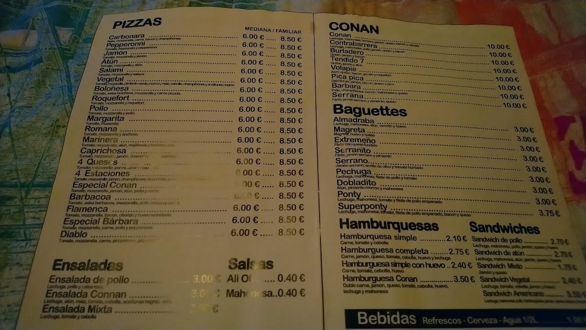 Carta de Pizzeria Conan, Chiclana de la Frontera