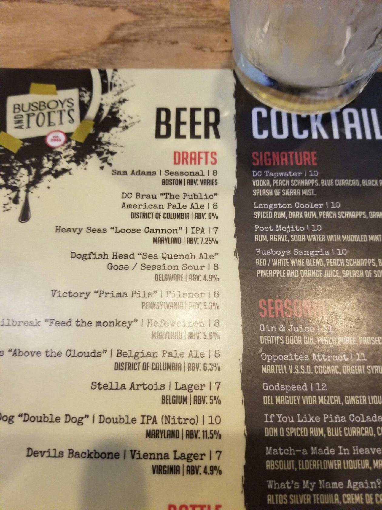 Menu at Poets Modern Cocktails & Eats pub & bar, Baltimore