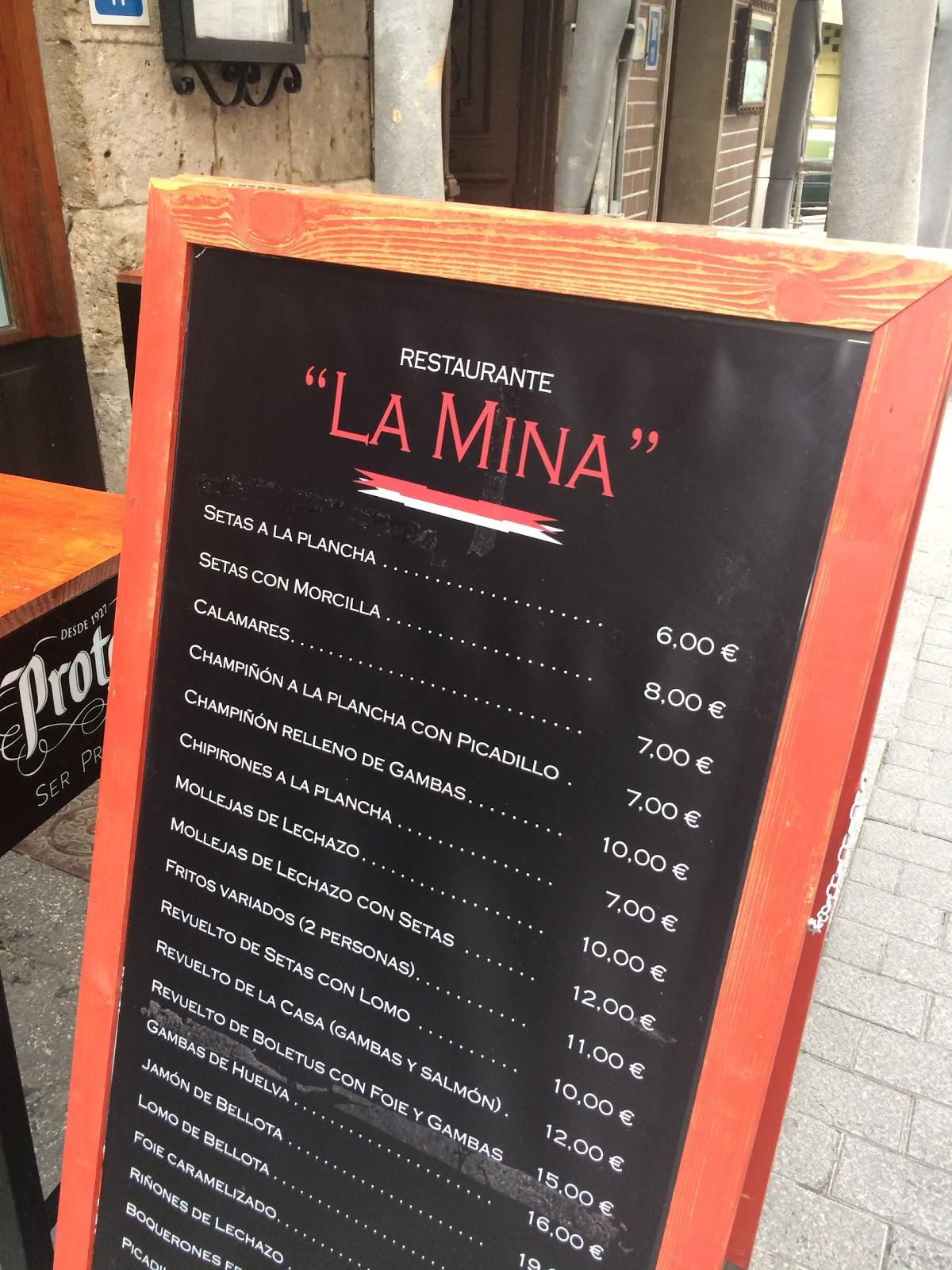 Carta de Restaurante la Mina, Valladolid