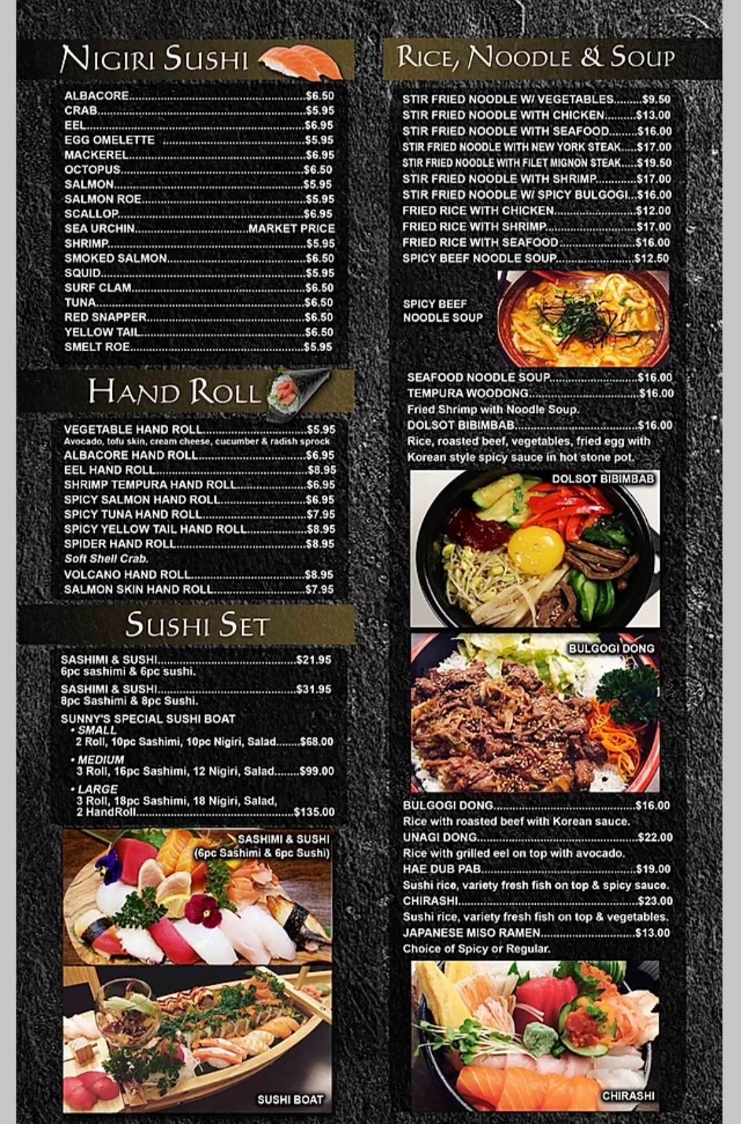 Menu at Sunny's Sushi restaurant, El Paso, Montana Ave