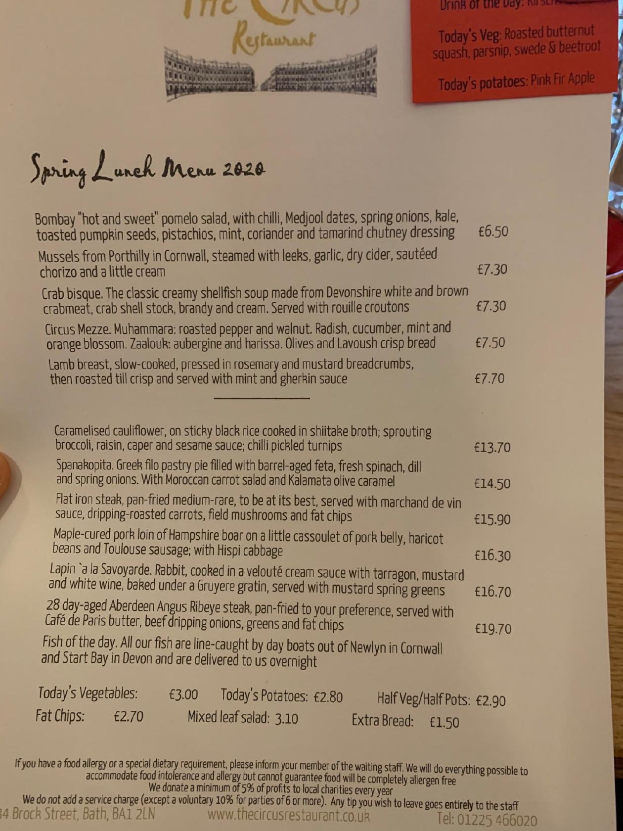 Menu at The Circus Restaurant, Bath