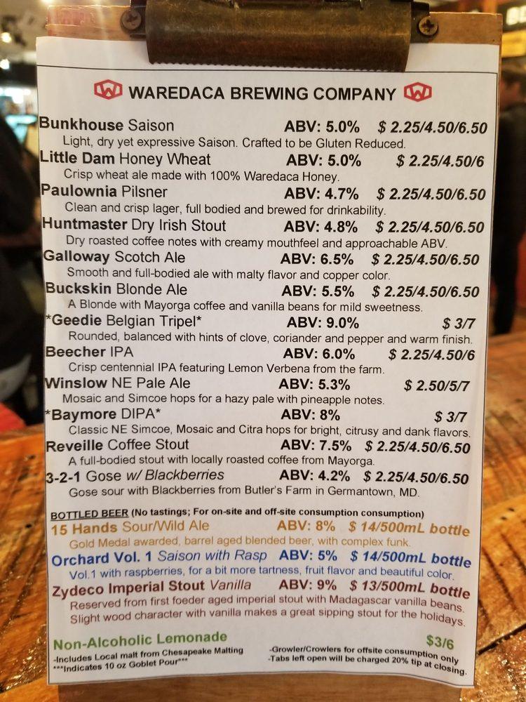Menu at Waredaca Brewing Company pub & bar, USA