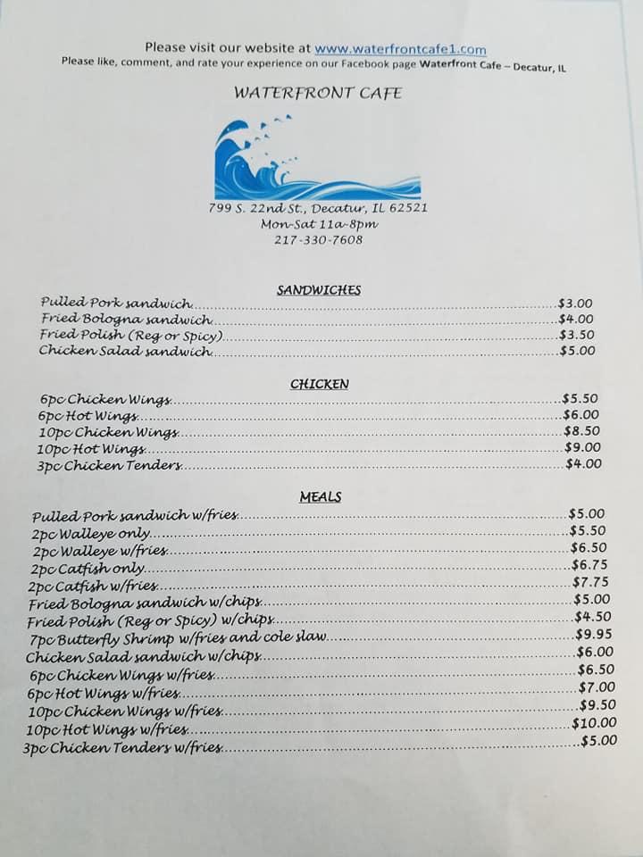 Menu at Waterfront Cafe, Decatur