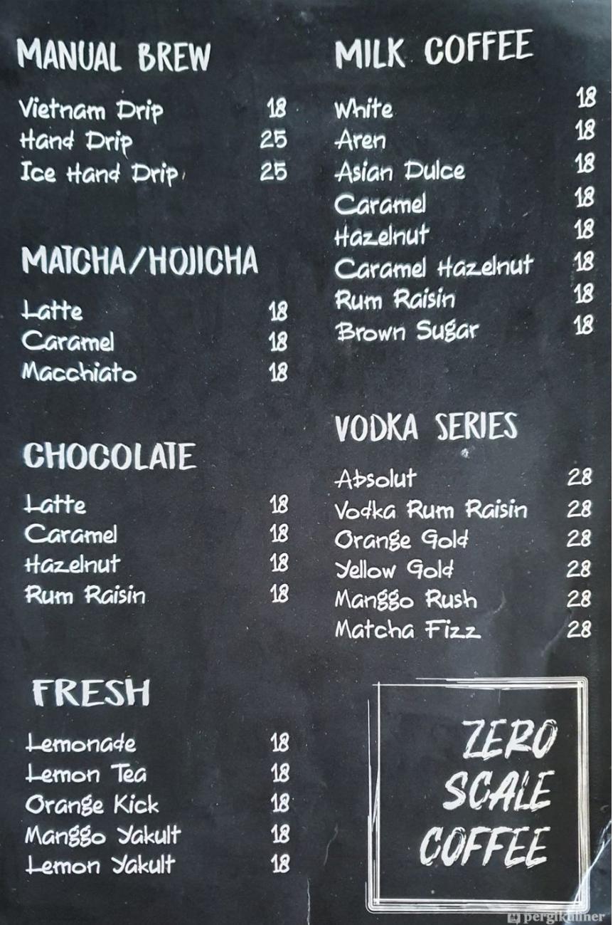 Menu at Zero Scale cafe, Bandung