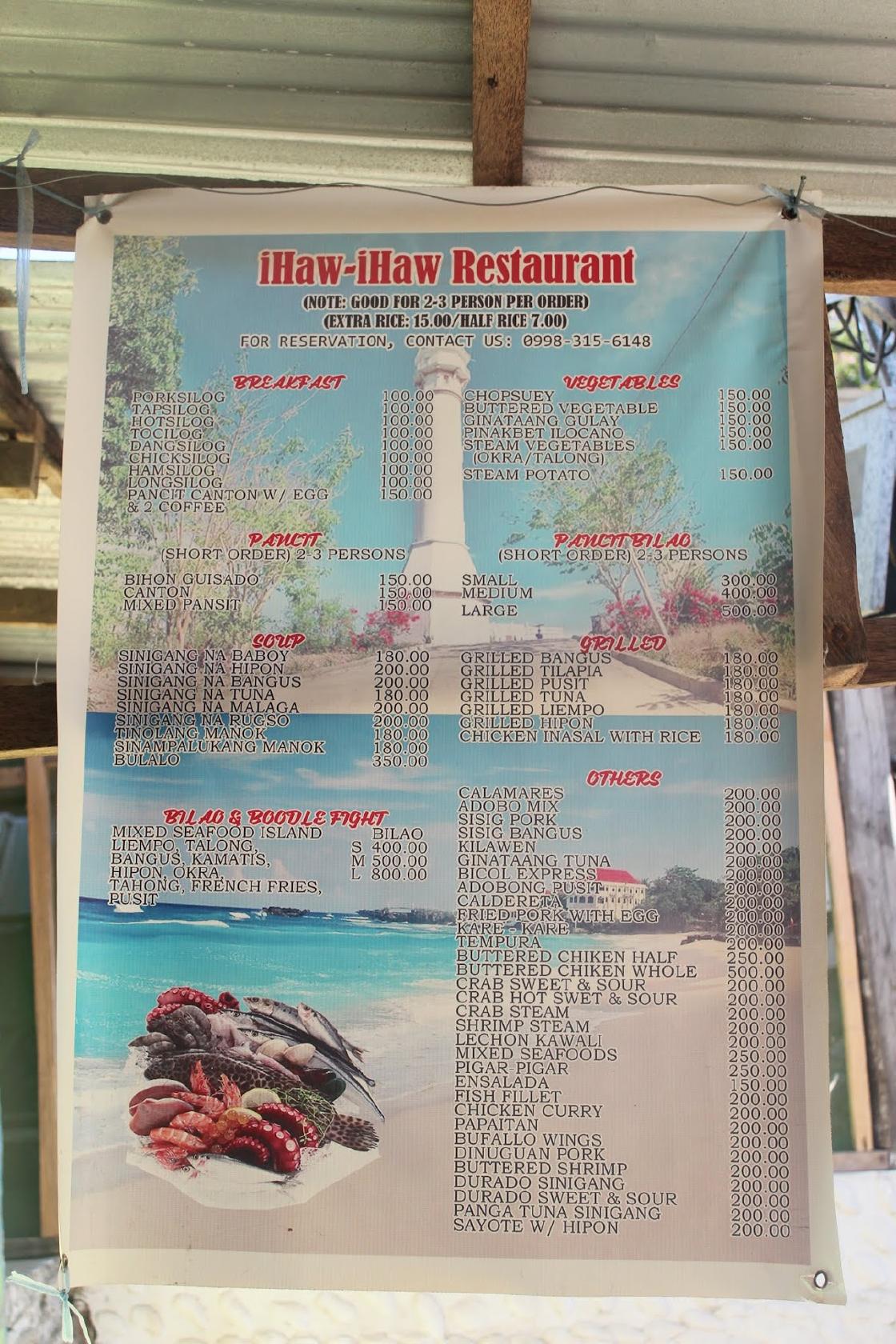 Menu at iHaw-iHaw Restaurant, Bolinao