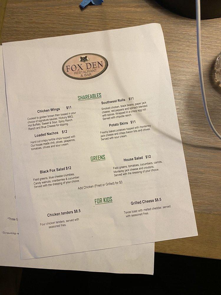 Menu at Fox Den pub & bar, Pigeon Forge