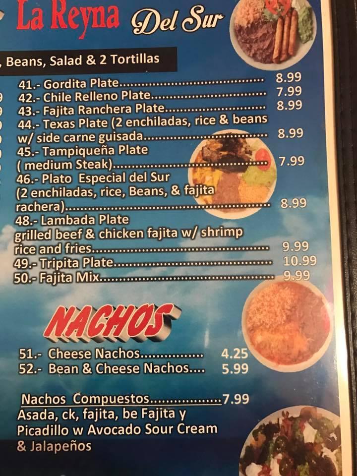 Menu at La Reina Del Sur restaurant, San Antonio