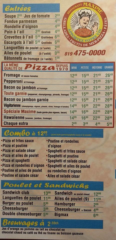 Menu au Maxime pizzeria, Drummondville