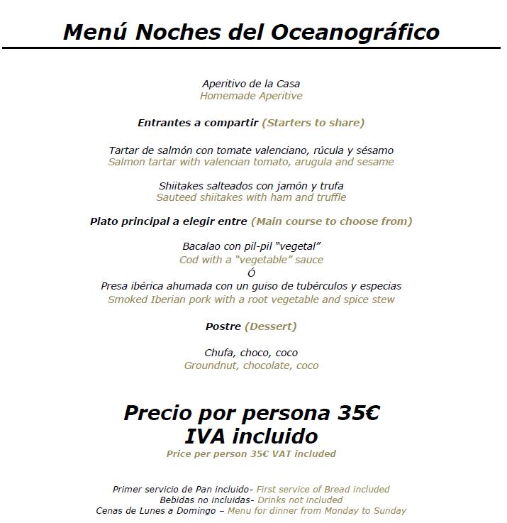 Carta del restaurante Submarino, Valencia