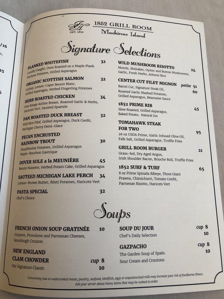 Menu at 1852 Grill Room pub & bar, Mackinac Island