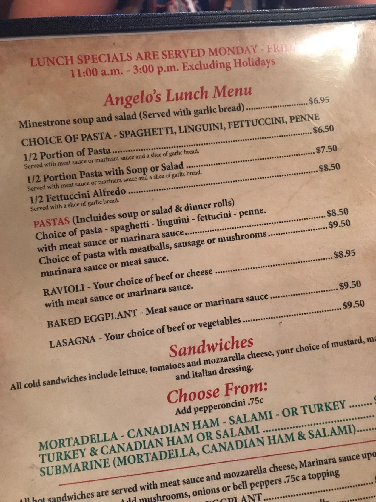 Menu at Angelo's Italian Restaurant & Pizzeria, Alhambra