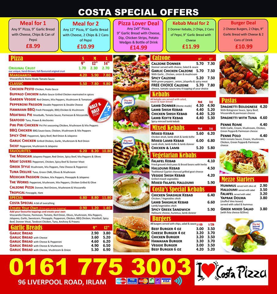 Menu at Costa Pizza pizzeria, Astley, 96 Liverpool Rd