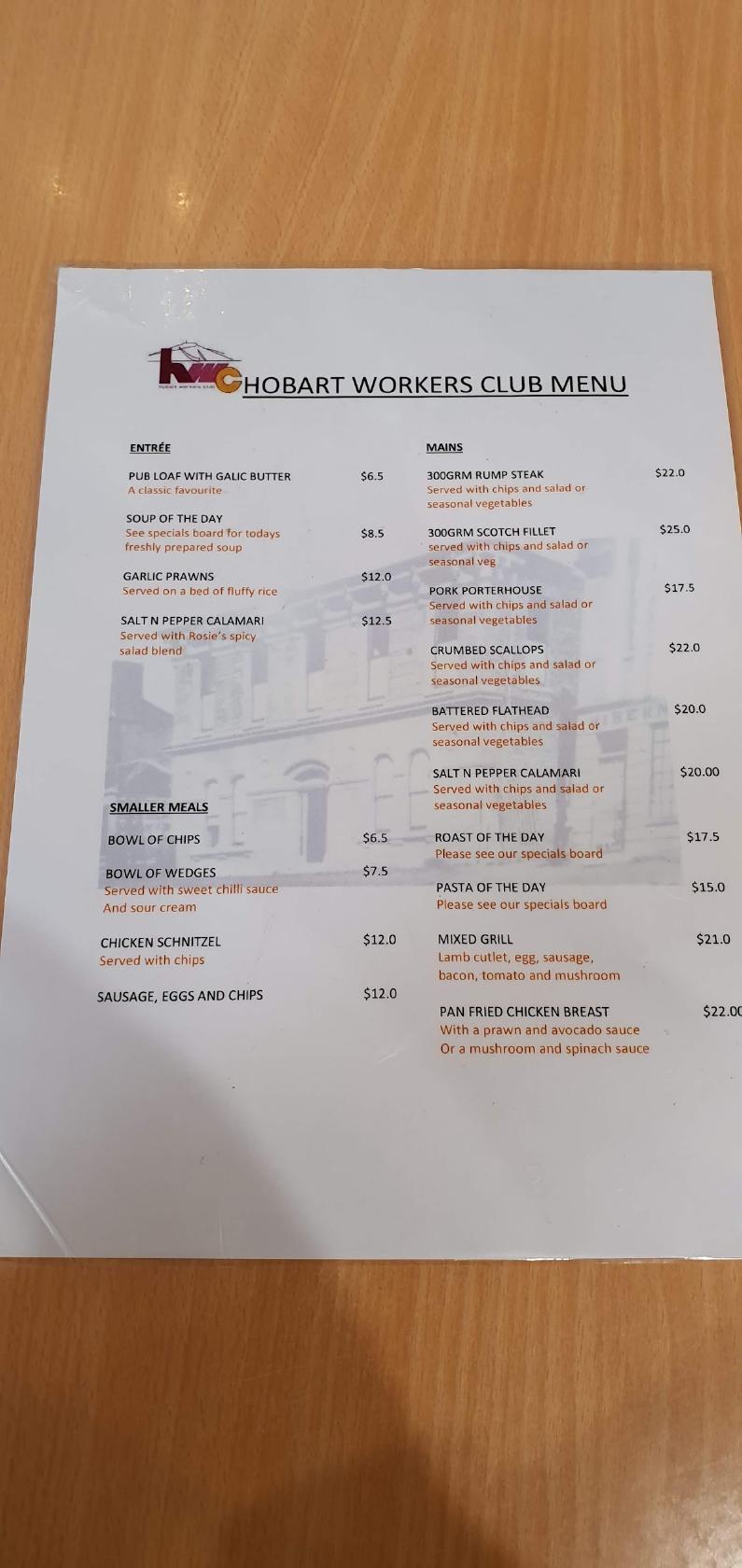 Menu at Hobart Workers Club, Hobart