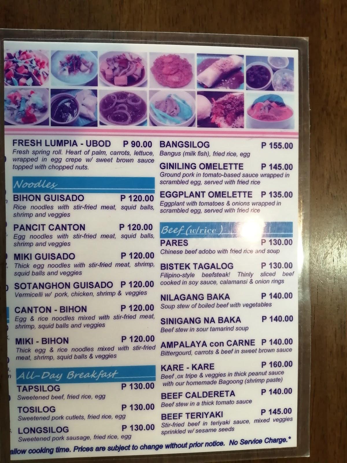 Menu at Leoning's Pancit Palabok restaurant, Quezon City, 1106 Shorthorn St