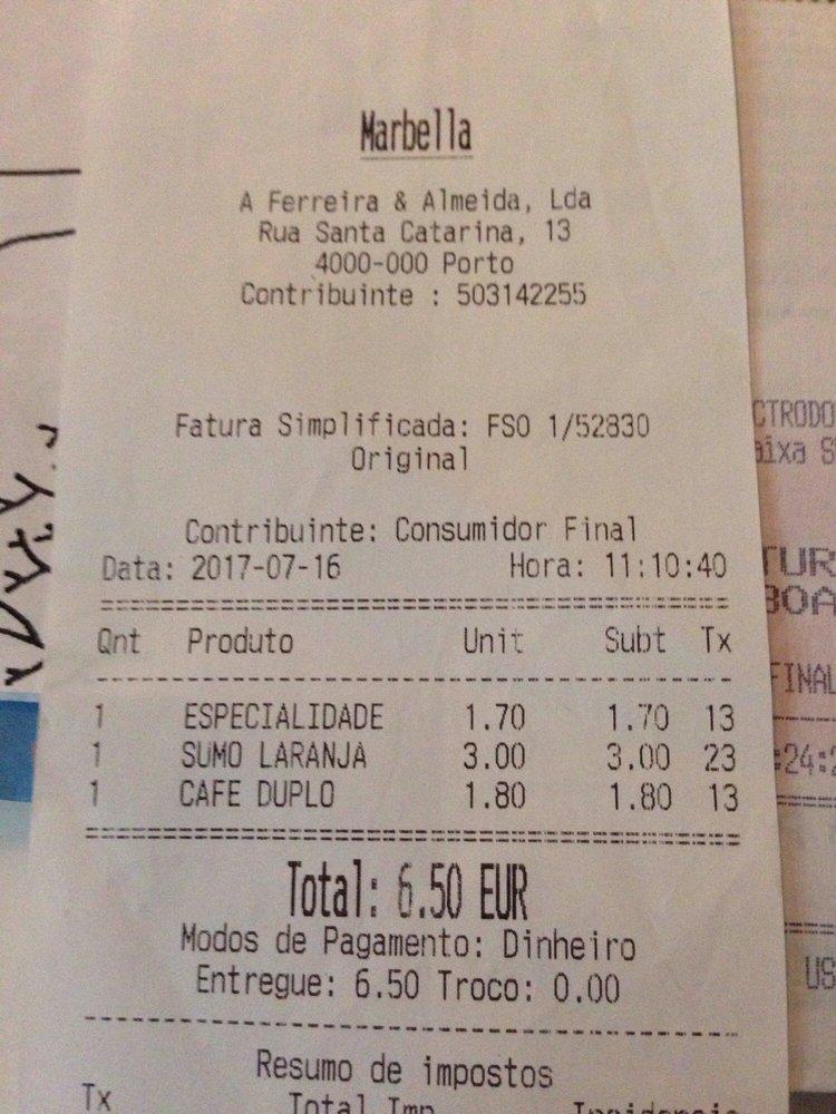 Menu at Marbella restaurant, Porto