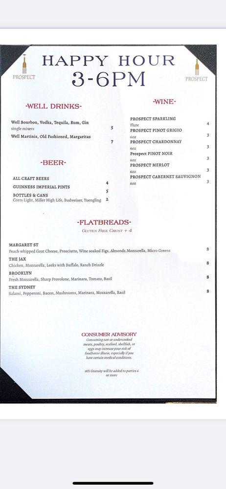 Menu at Prospect five points pub & bar, Jacksonville, Margaret St