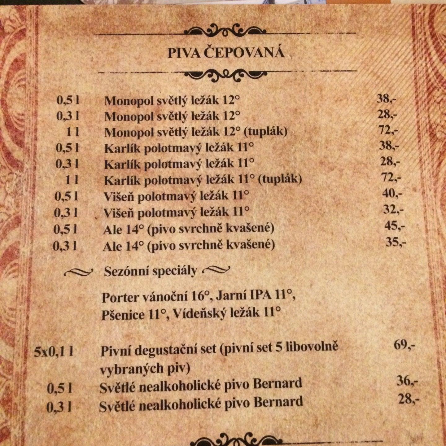 Menu at Kavárna Monopol cafe, Teplice