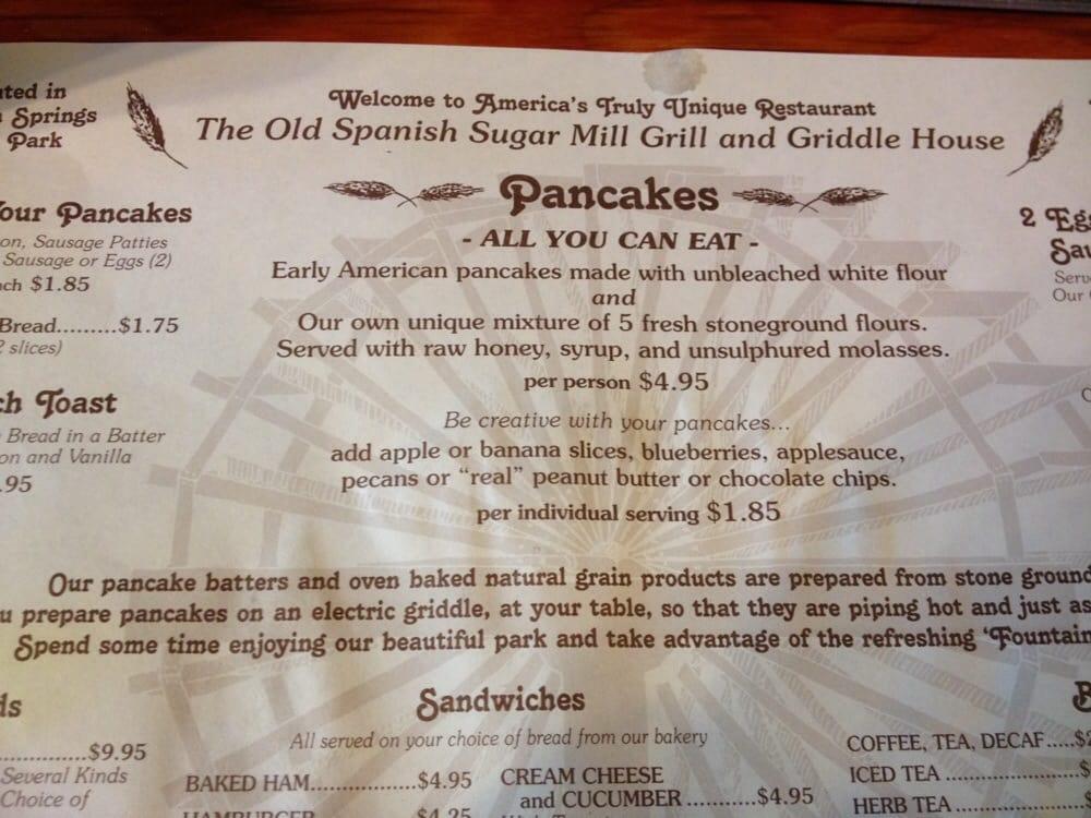 Menu at The Old Spanish Sugar Mill restaurant, De Leon Springs