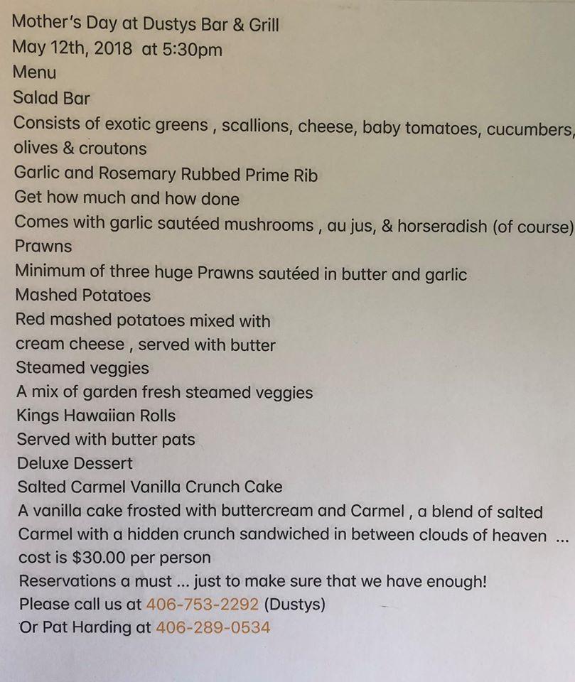 Menu at Dusty's Bar, Brady