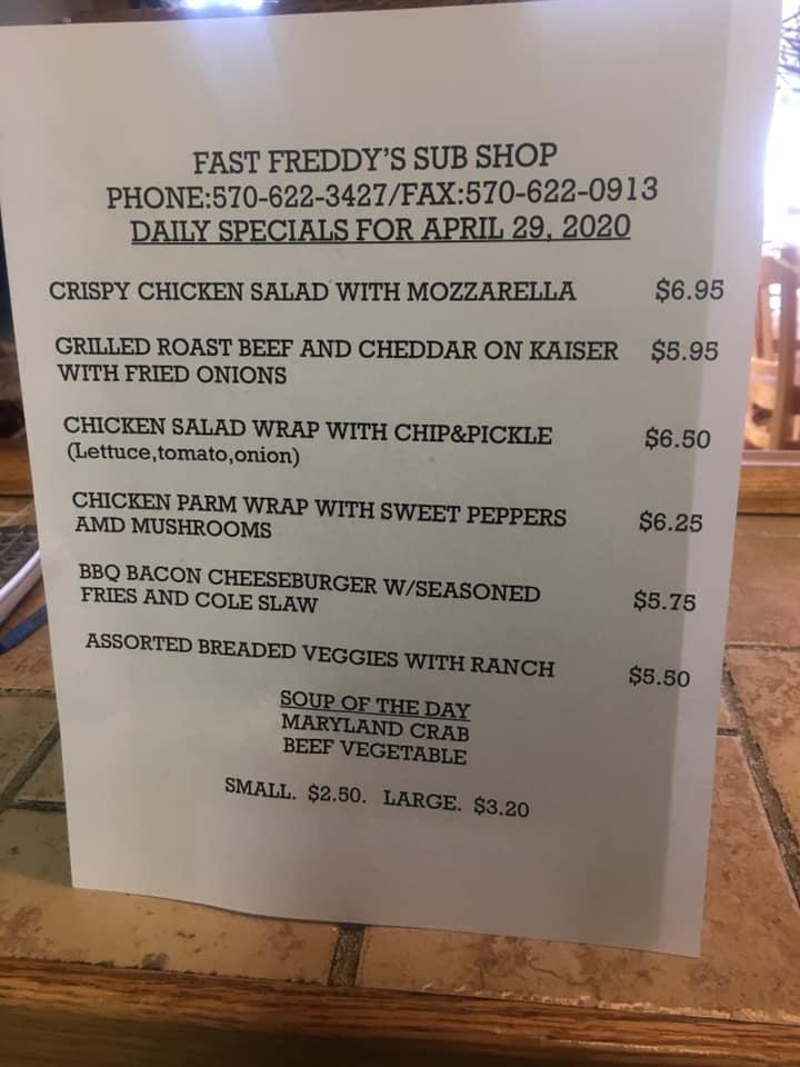 Menu at Fast Freddy's pizzeria, Pottsville