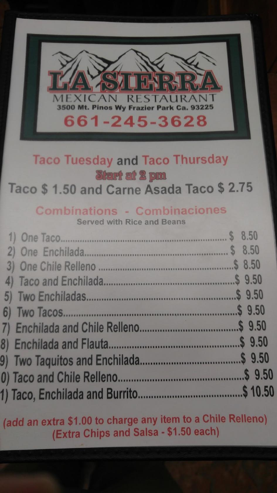 Menu at La Sierra Mexican Restaurant, Frazier Park