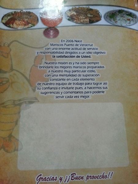 Menu at Mariscos Puerto de Veracruz restaurant, Colima
