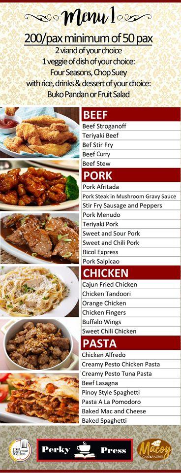 Menu at Perky Press cafe, Cagayan de Oro