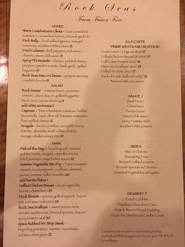Menu at RockSeas restaurant, Hopland