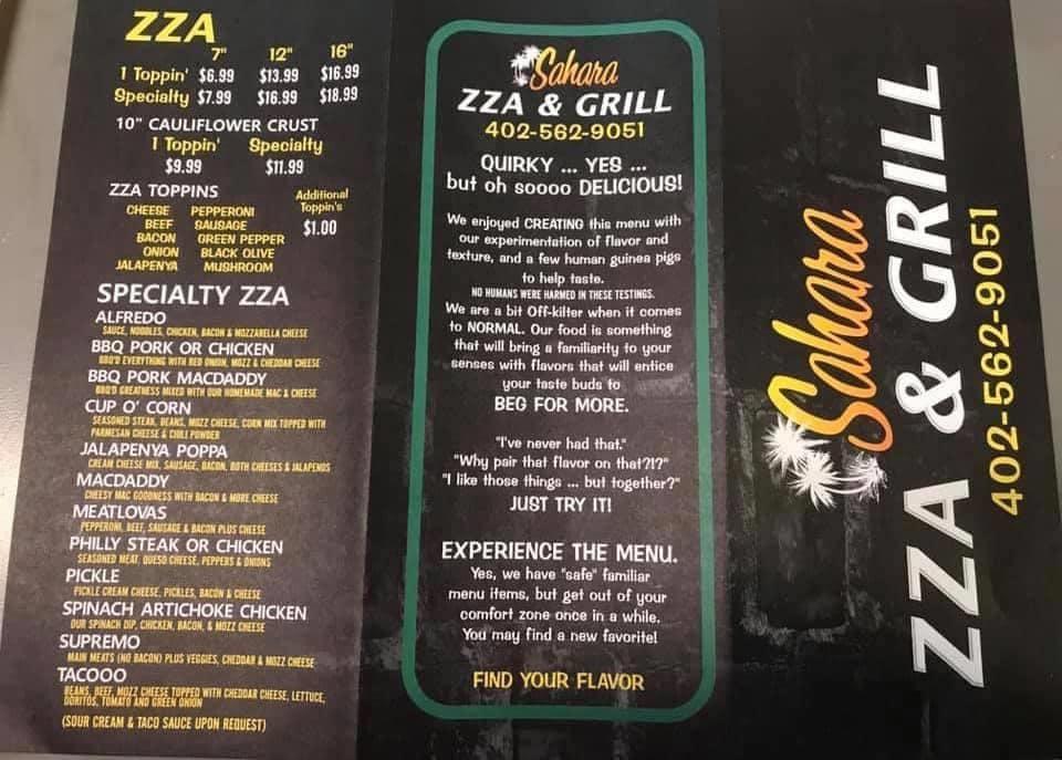 Menu at Sahara ZZA & GRILL restaurant, Columbus