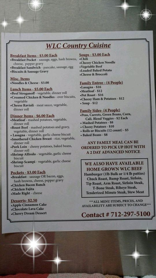 Menu at Wlc Country Cuisine restaurant, Rockwell City