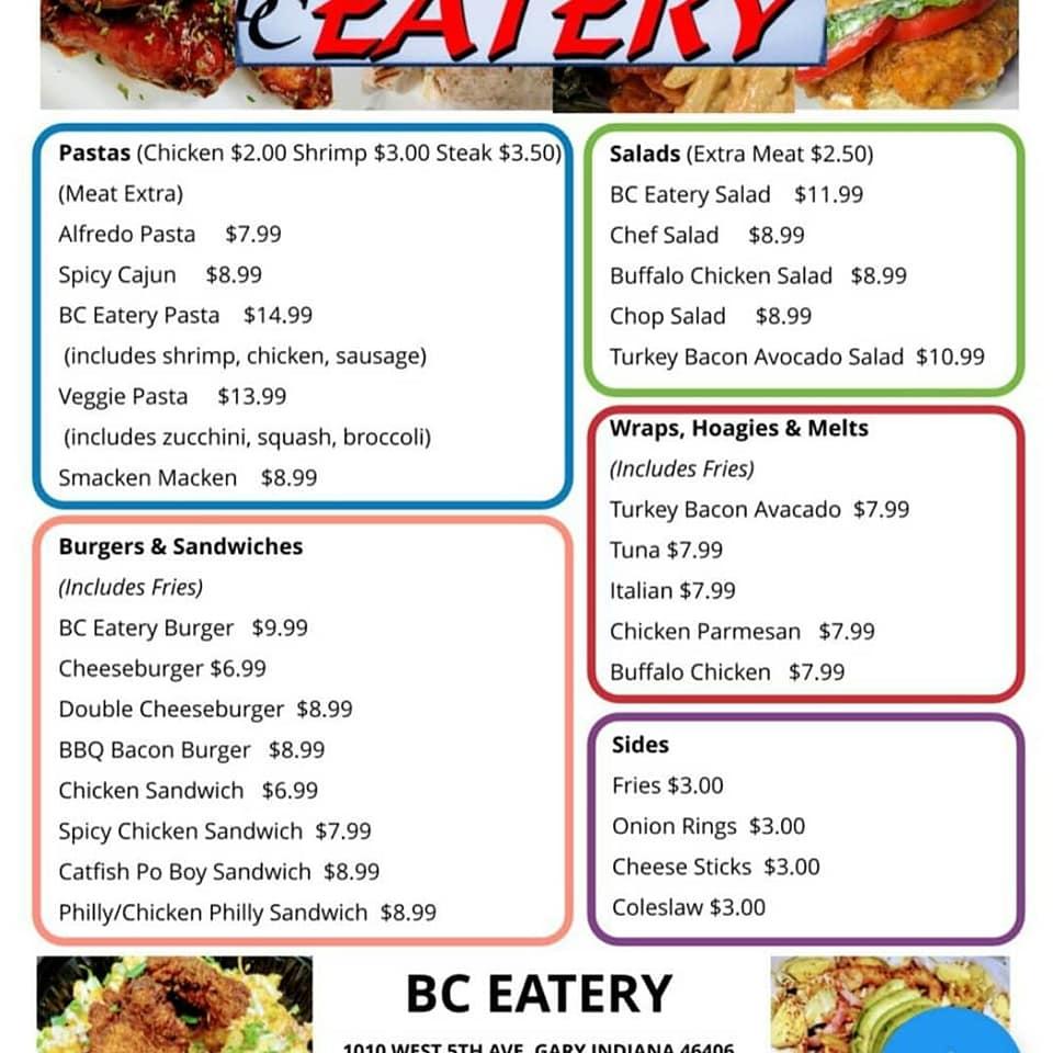 Menu at BC Eatery restaurant, Gary
