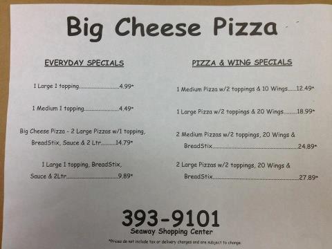 Carta de pizzería Big Cheese Pizza, Ogdensburg