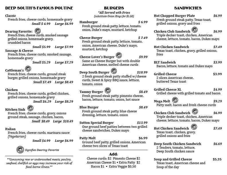 Menu at Deep South Cheese and Grill restaurant, Dearing