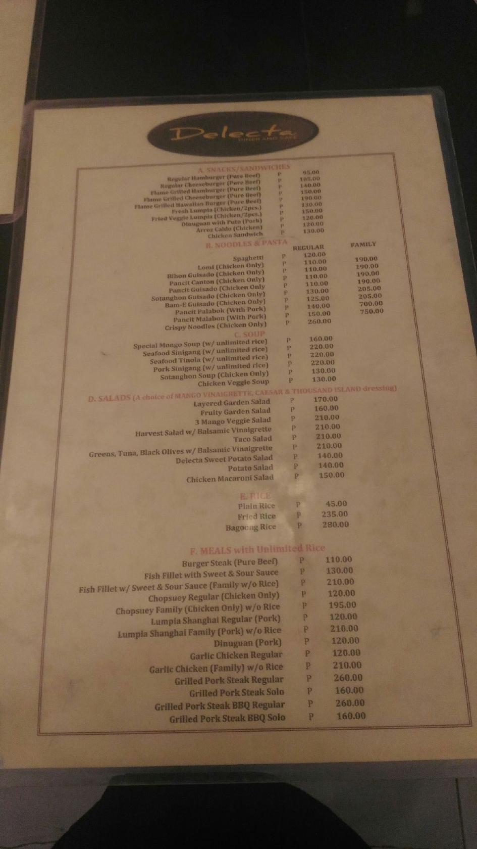 Menu at Delecta restaurant, Iligan City, 66GX+WQ5