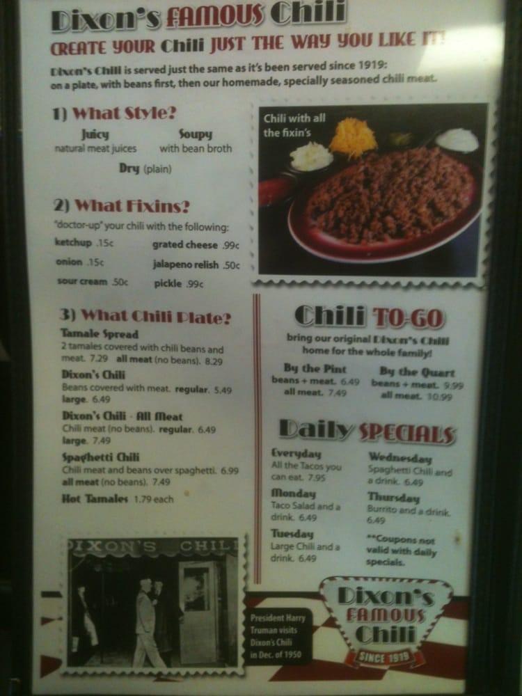 Menu at Dixon's Famous Chili Parlor restaurant, Independence