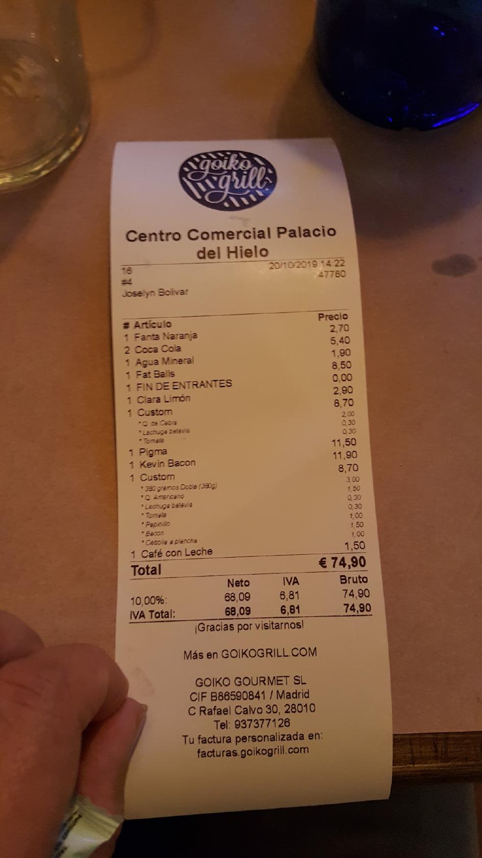 Carta del restaurante Hamburguesería Goiko, Madrid, C. del Silvano