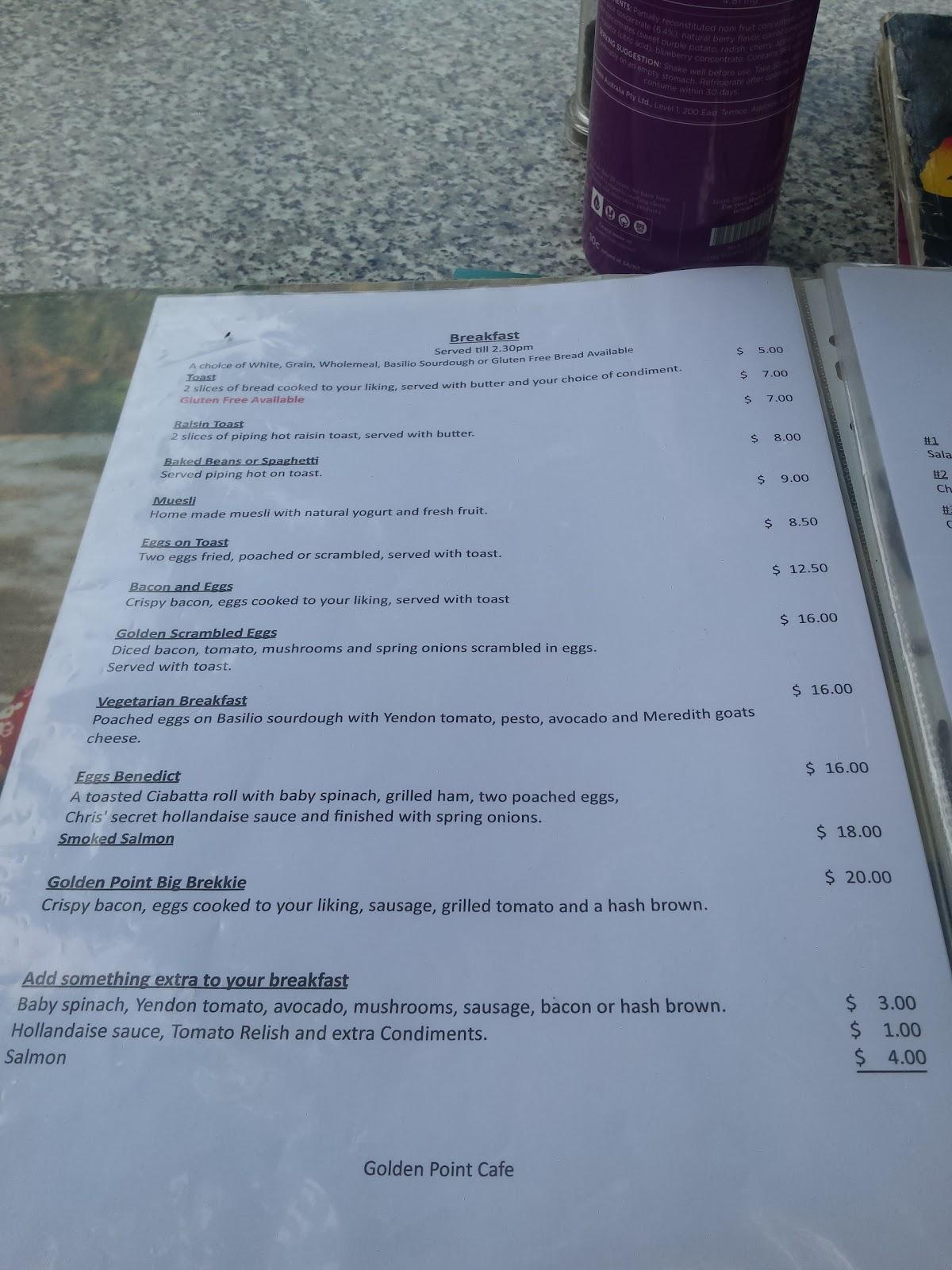 Menu at Golden Point Cafe, Golden Point