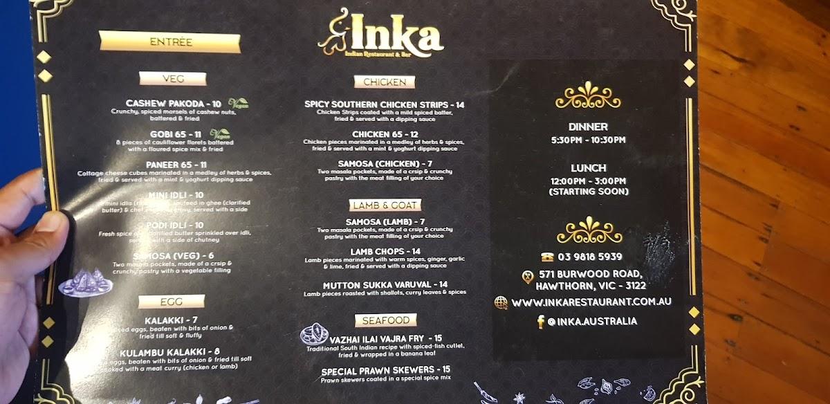 Menu at Inka - Indian Restaurant & Bar, Hawthorn