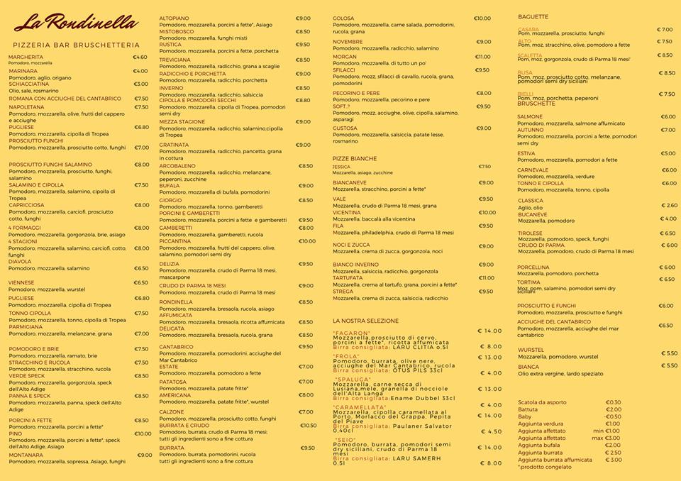 Menu da La Rondinella ristorante, Conco