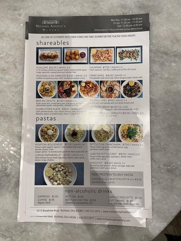 Menu at Michael Angelos Winery restaurant, Richfield