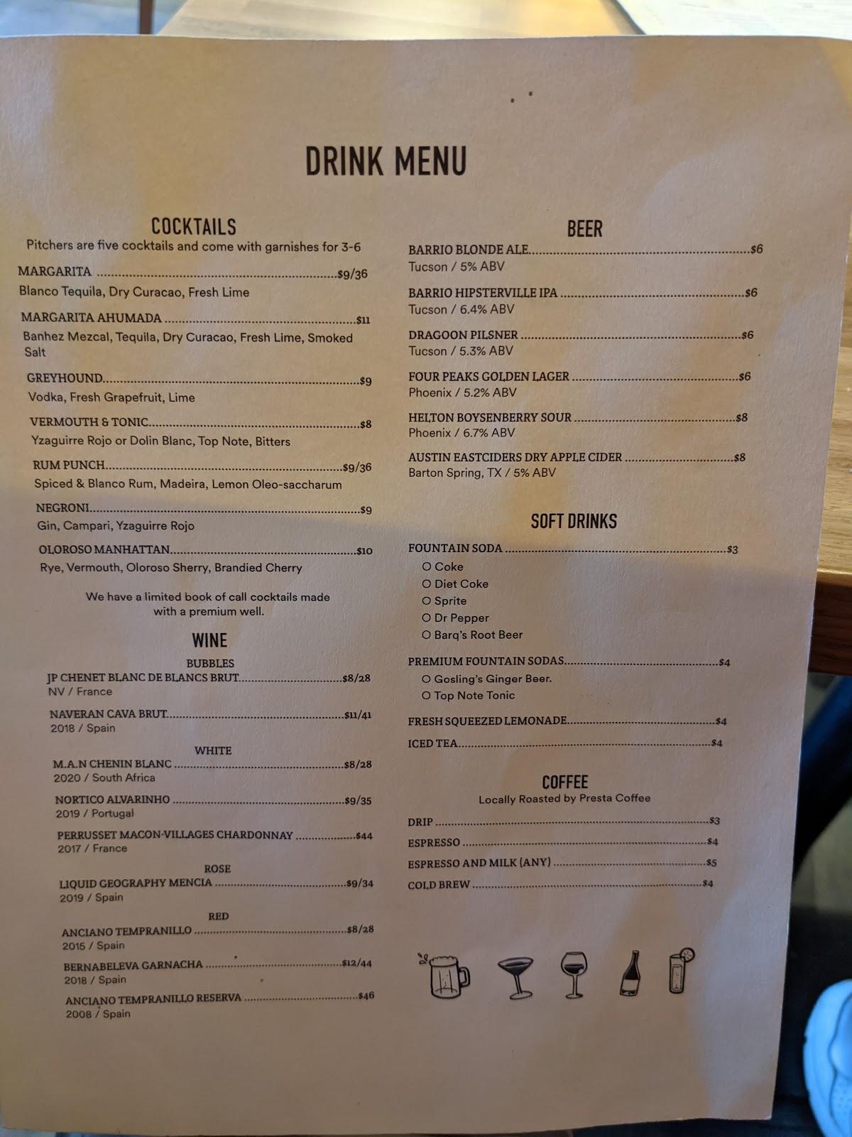 Carta del pub y bar Snakes & Lattes Tucson, Tucson