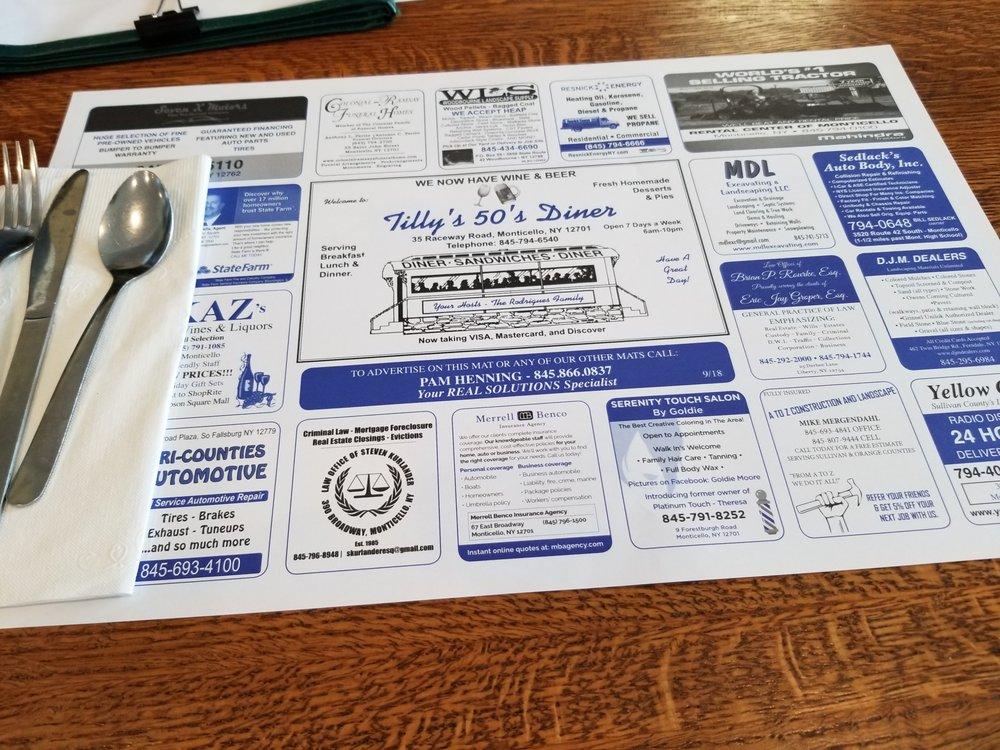 Menu at Tilly's Diner restaurant, Monticello