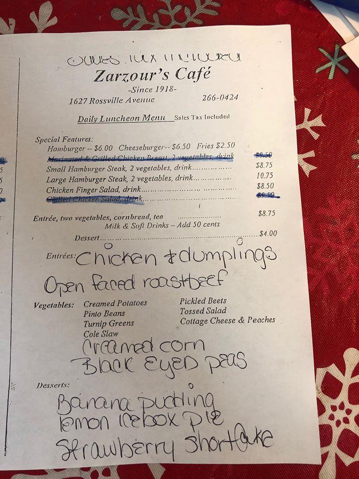 Menu at Zarzour's cafe, Chattanooga