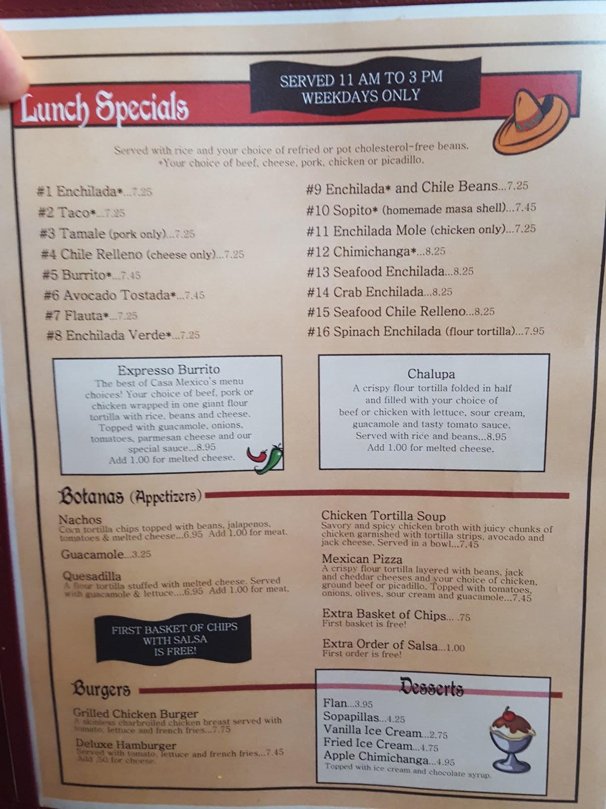 Menu at Casa México restaurant, Eagle, 393 W State St A