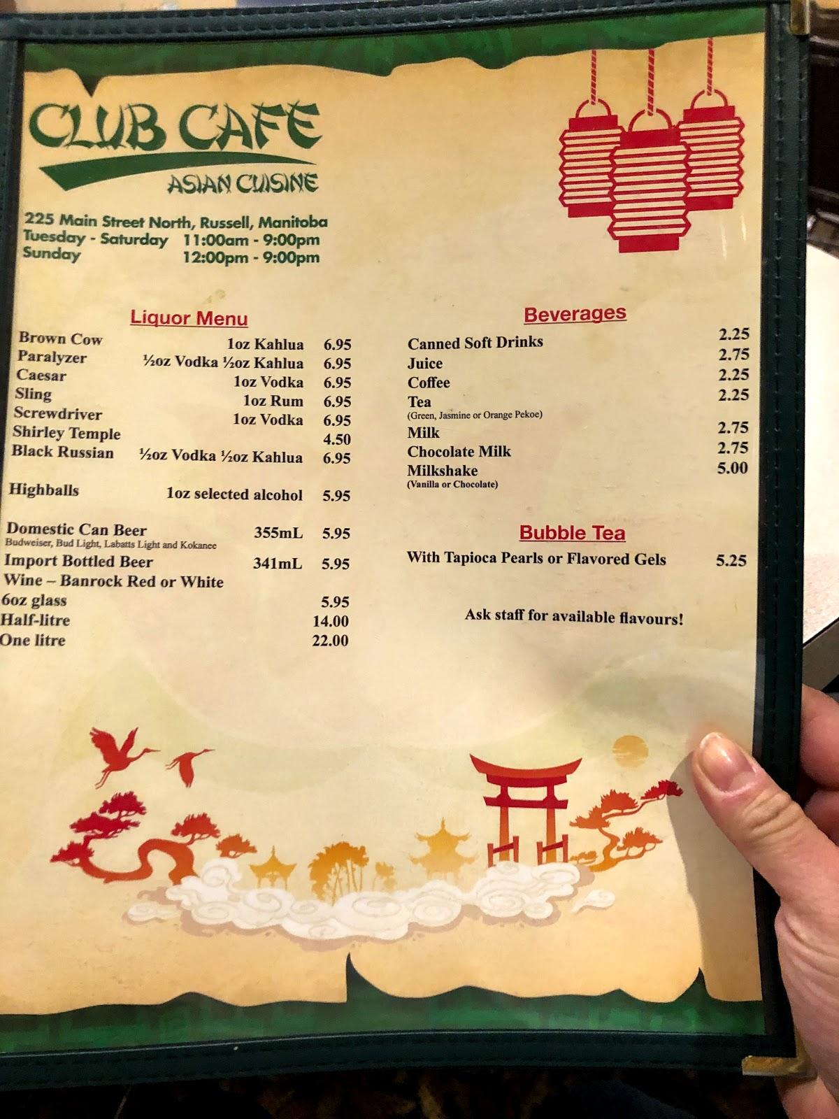 Menu at Club Cafe, Russell