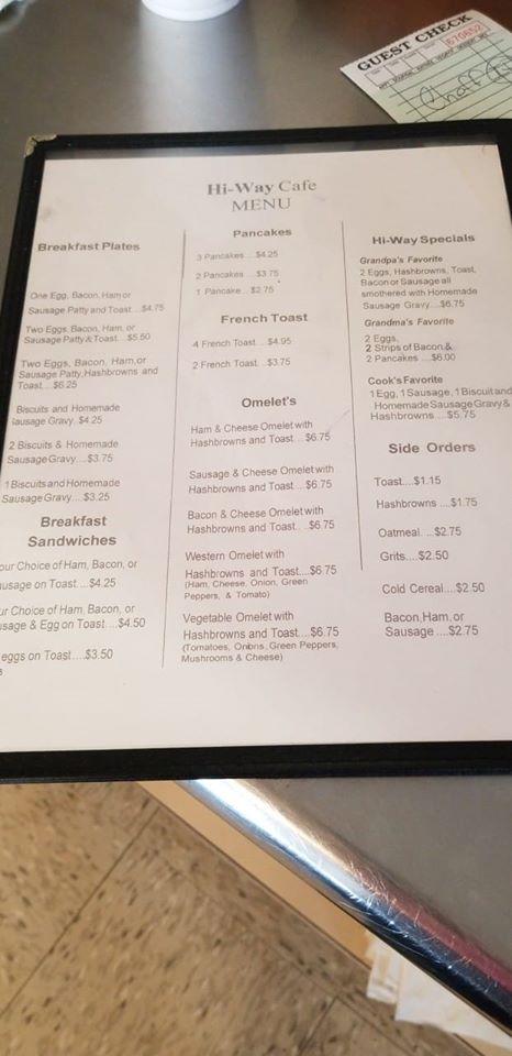 Menu at Hi-way cafe, Salisbury