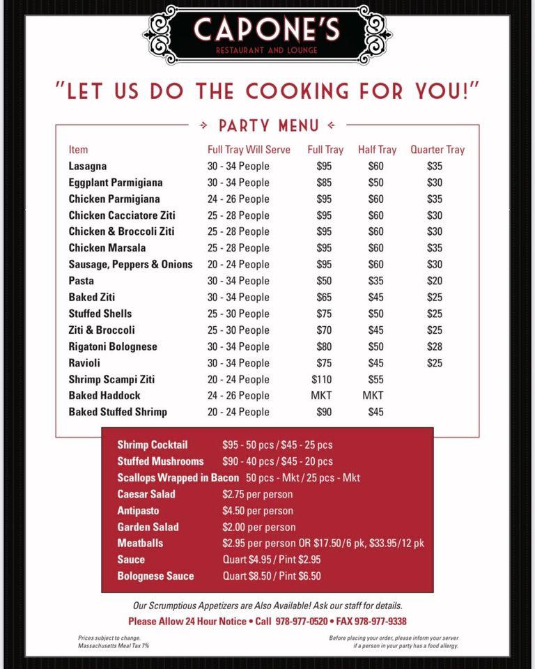 Menu at Capone's Restaurant & Lounge, Peabody